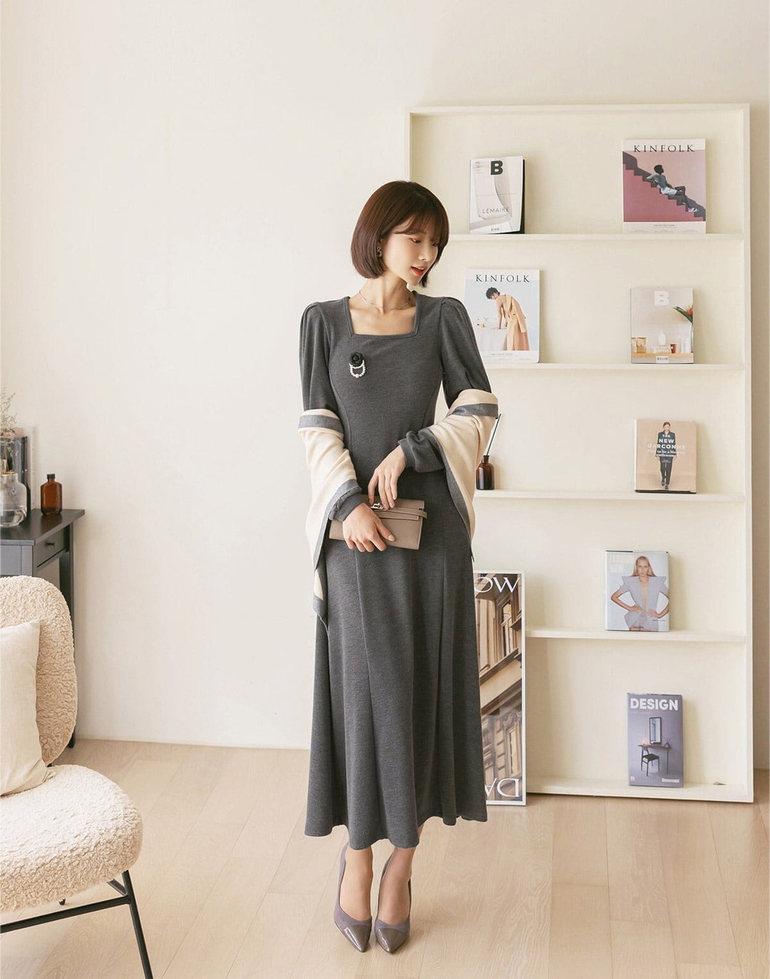 Feminine Square Neck Long Dress for Women / Korean Style Women Easy ...