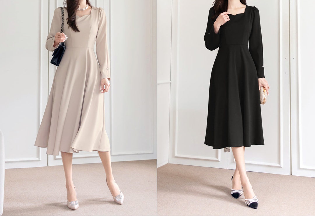 Elegant Feminin Sweetheart Neck Flare Dress / Korean Style Classic Midi ...