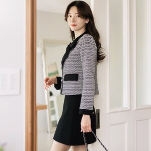 Elegant Feminine Tweed Jacket With Ribbon Tie / Korean Style Classic ...
