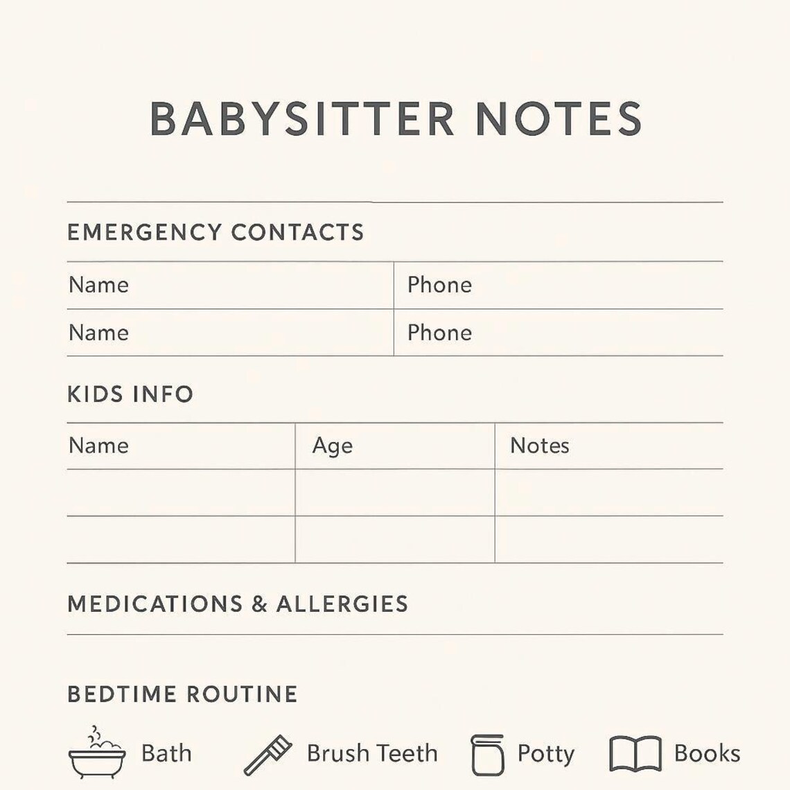English-babysitter Notes Sheet Printable | Modern Minimalist Childcare ...