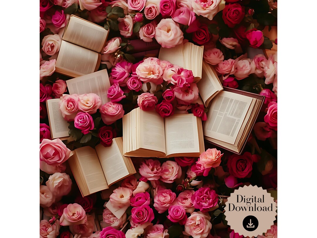 Pink Roses and Books Digital Download Image, Bookish Image, Book Tok ...