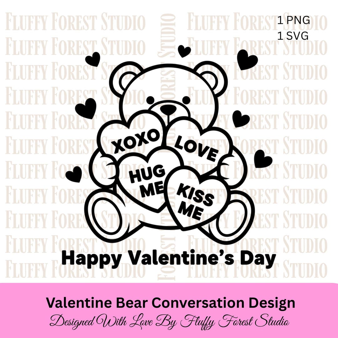 Valentine Teddy Bear PNG SVG, Conversation Hearts Digital Download ...