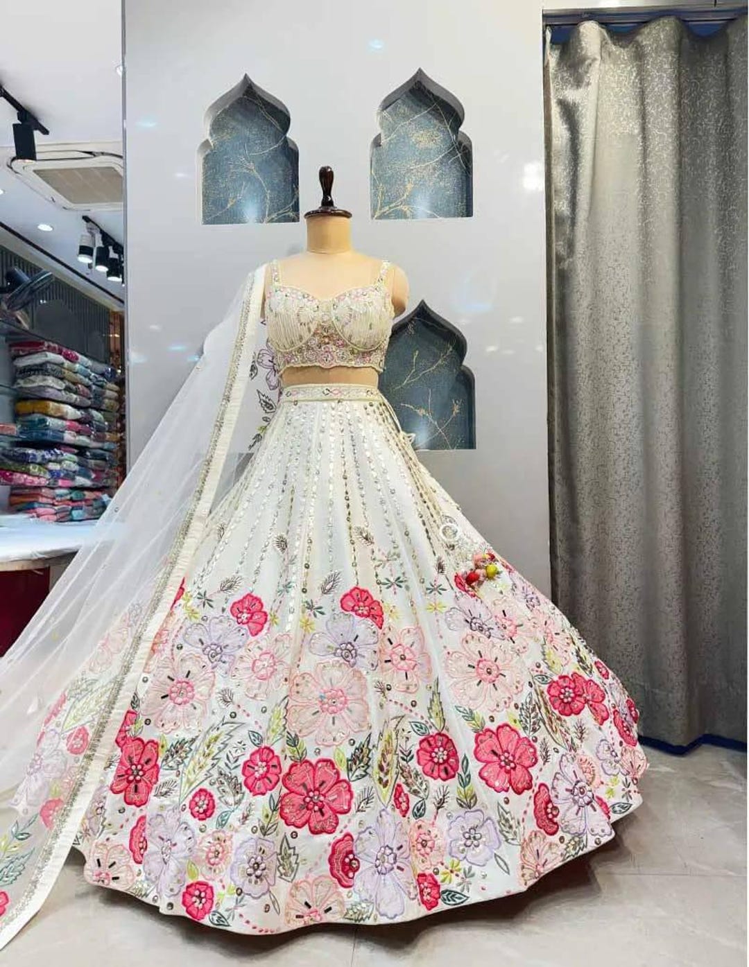 White Embroidered Bridal Lehenga Set: Sequin Blouse & Floral Dupatta - Etsy