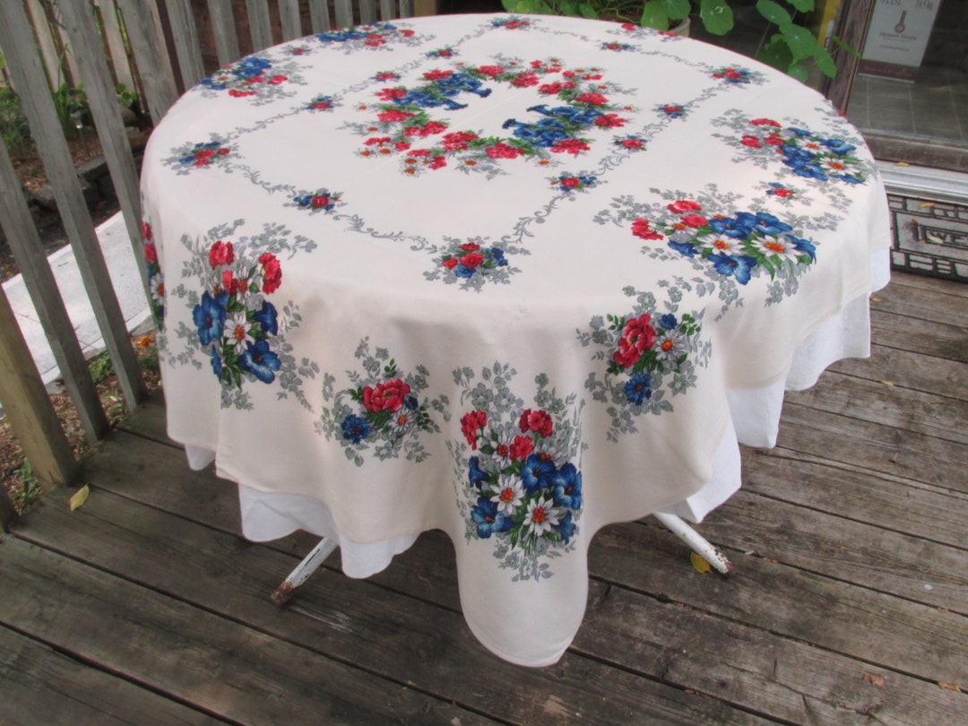 TC509 Vintage Summer Bouquet Blue Red Floral Rayon Tablecloth 60 X 49 ...