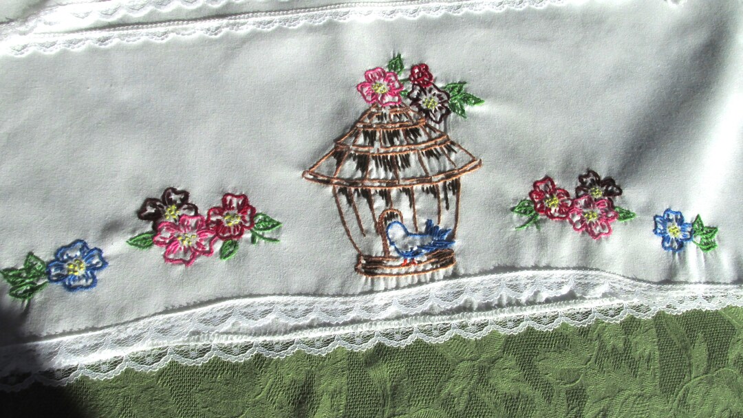 E532 Pair Vintage Embroidered Blue Bird Bird Cage House Lace Hem ...