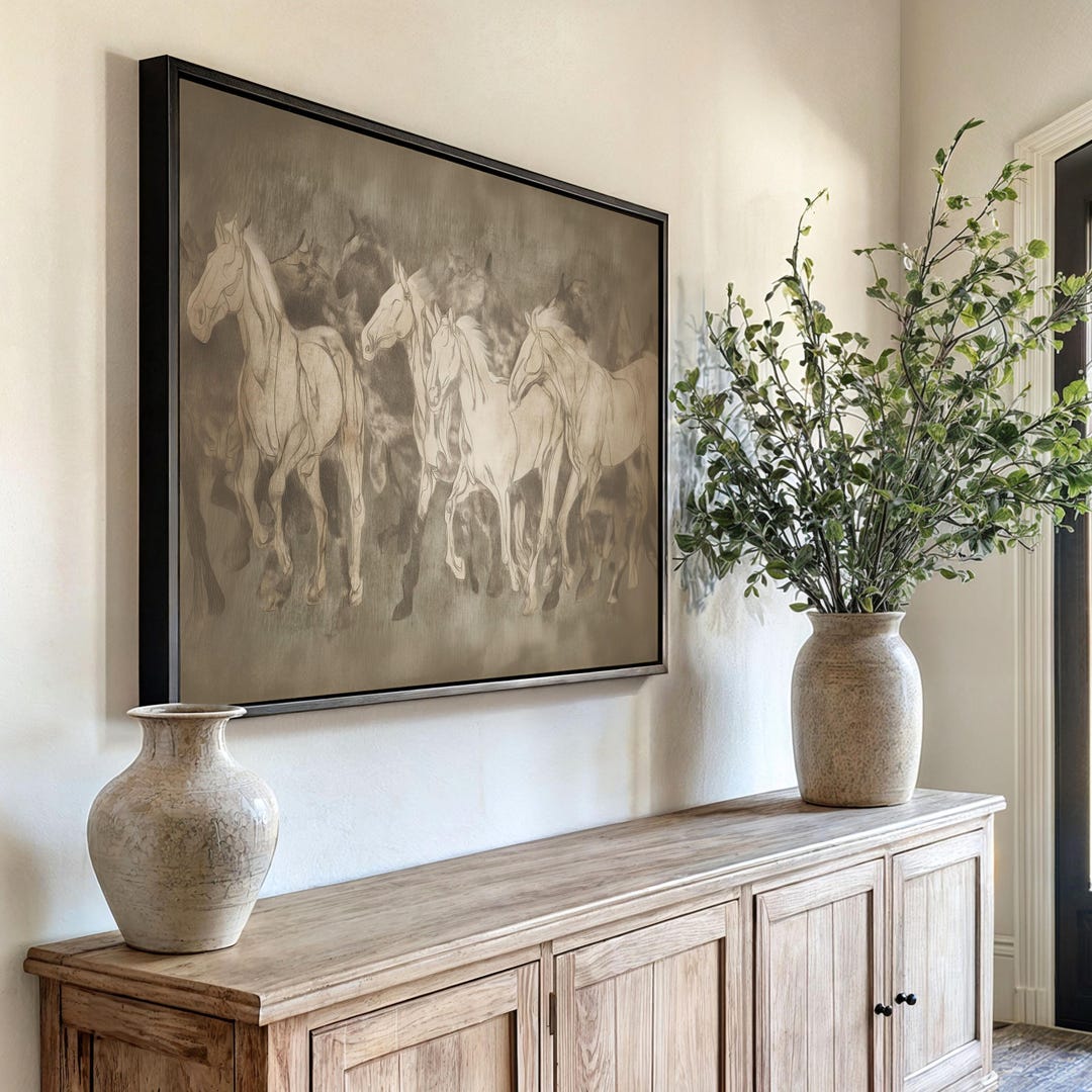 Sepia Horse Framed Canvas Print: Abstract Etching Style, Rustic Western ...