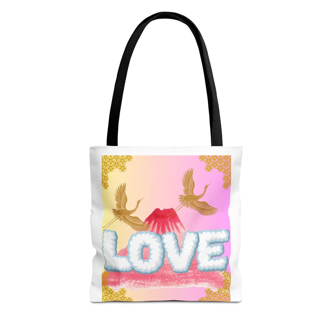 Red Fuji & Dancing Crane Tote Bag, Japanese Lucky Charm Design, Elegant ...