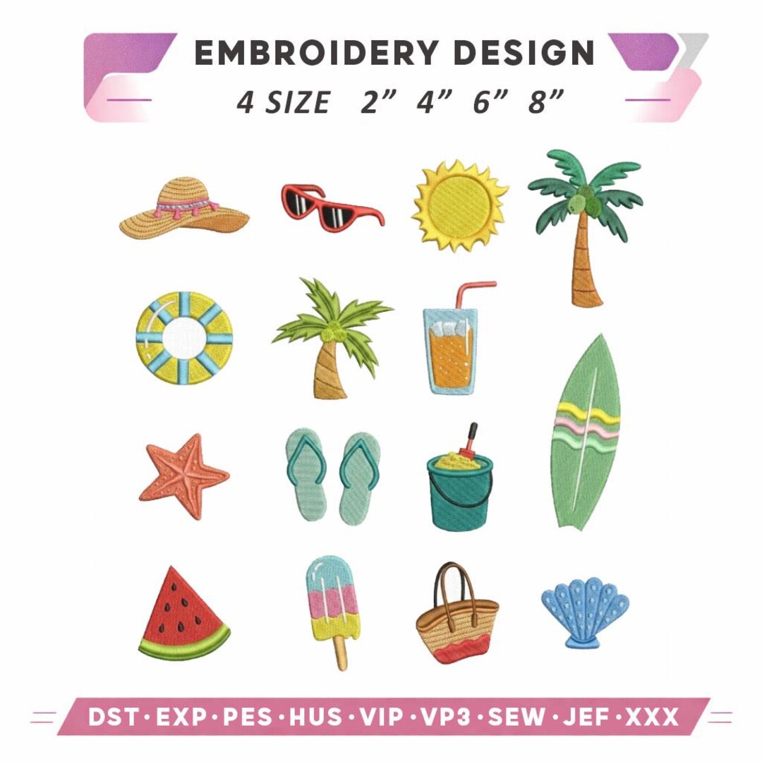 Beach Embroidery Design Bundle, Summer Coastal Icons Set Palm Tree ...