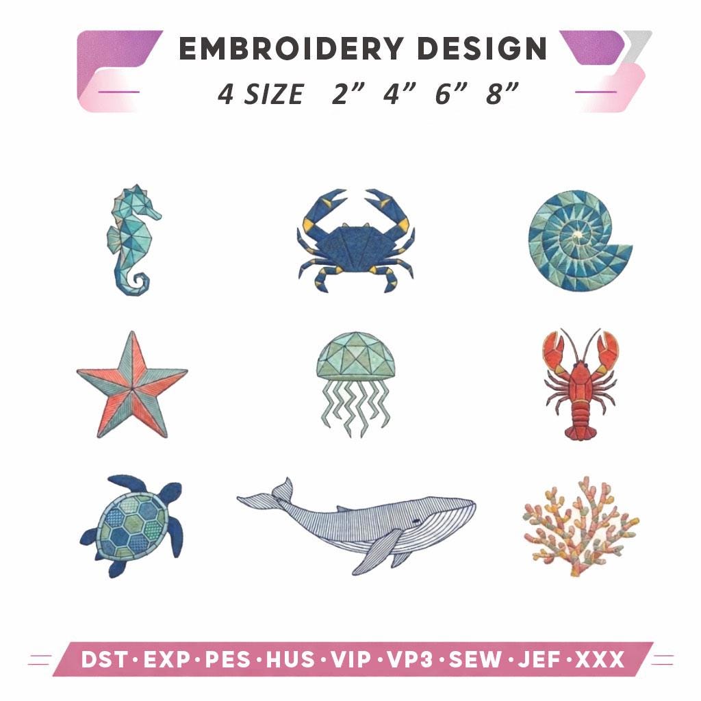 Geometric Ocean Embroidery Design Bundle, Marine Animals Icons Set ...