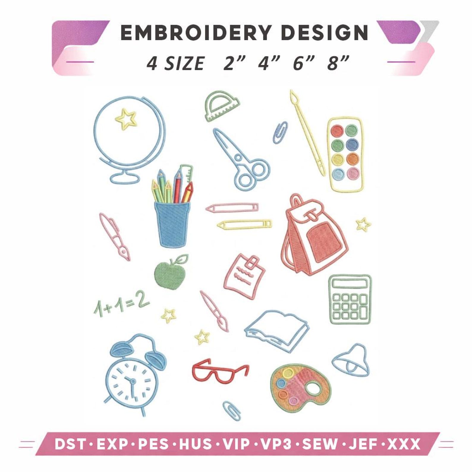 School Embroidery Design Bundle, Cute Back to School Icons Set Supplies ...