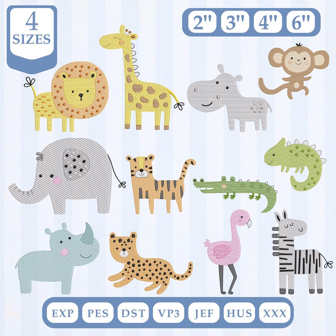 Safari Animal Sketch Embroidery Bundle, Light Fill, Quick Stitch ...