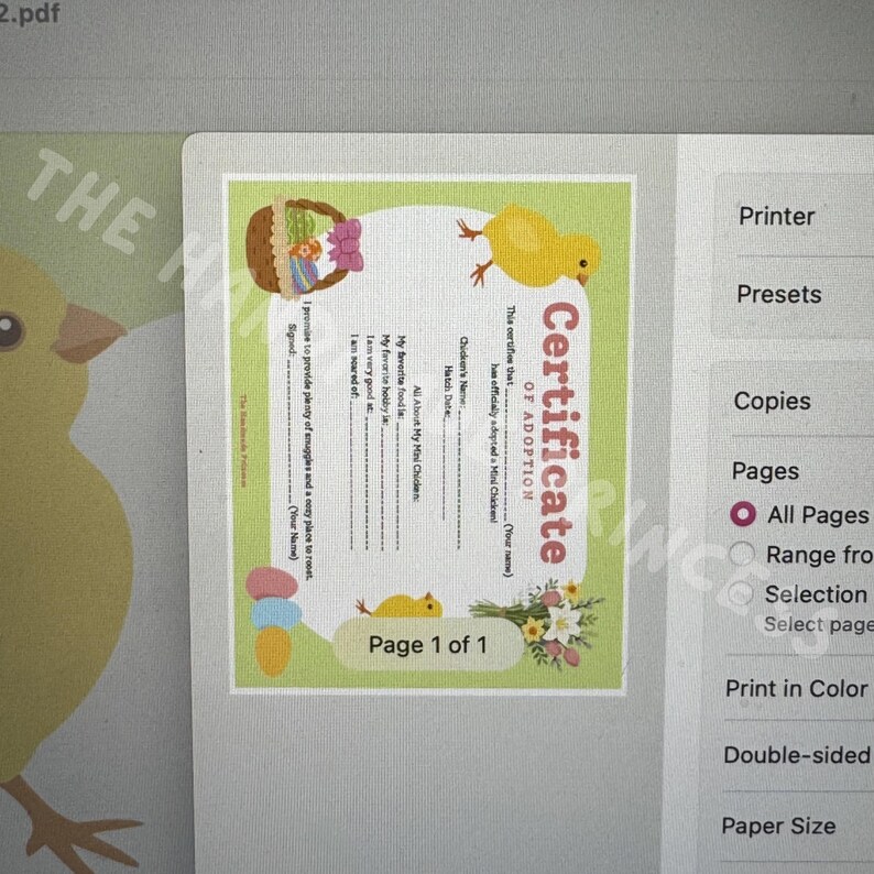 Printable Mini Chicken Adoption Certificate: Easter Plushie Gift Add on ...