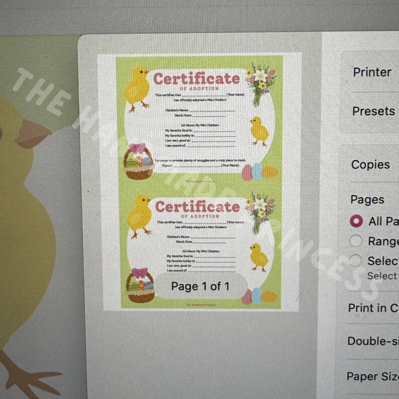 Printable Mini Chicken Adoption Certificate: Easter Plushie Gift Add on ...