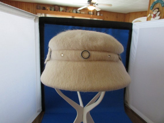 Cream Wool Hat with Rhinestone Circle Decorations - Gem