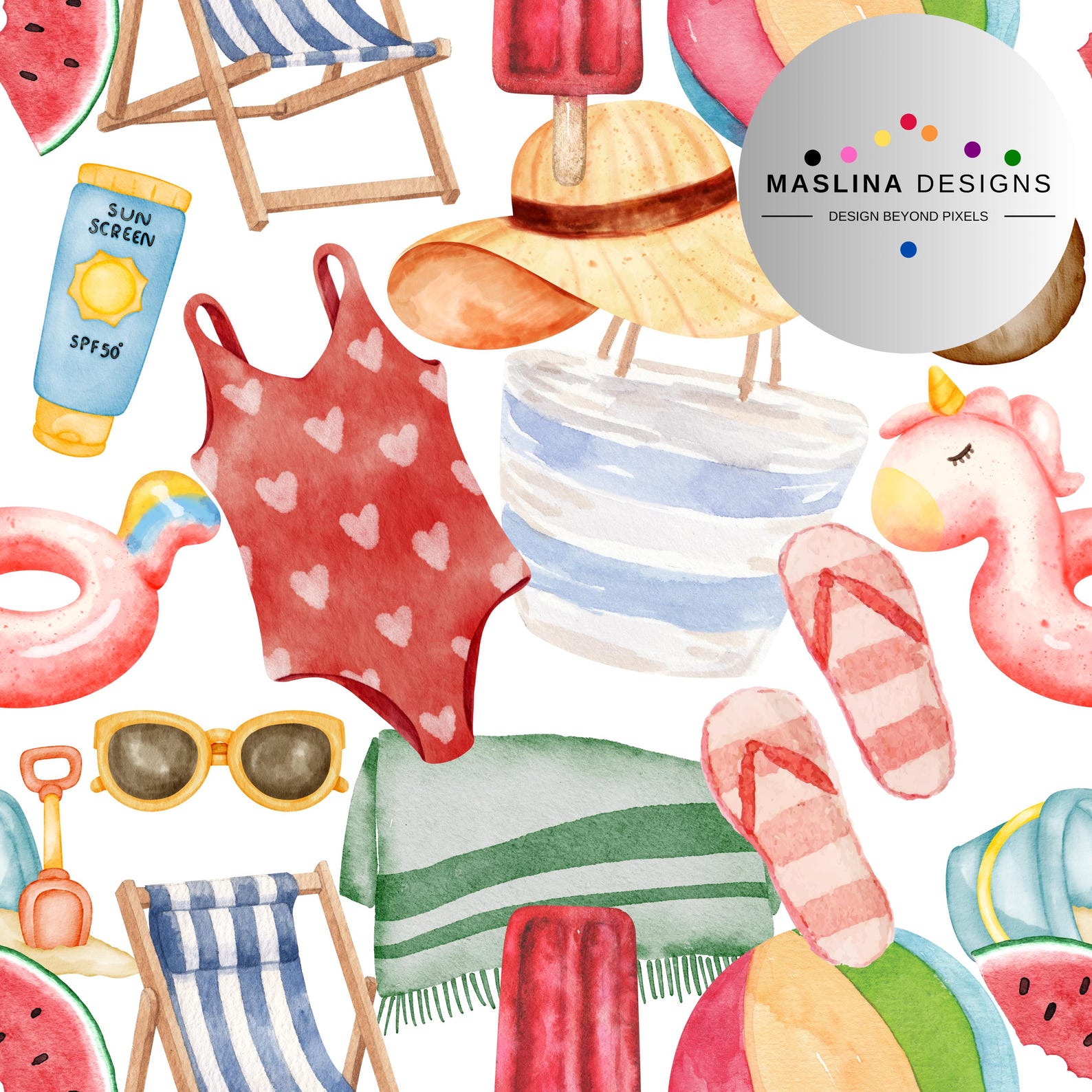 Summer Beach Seamless Pattern Watercolor Digital Paper Swimsuit Pool ...
