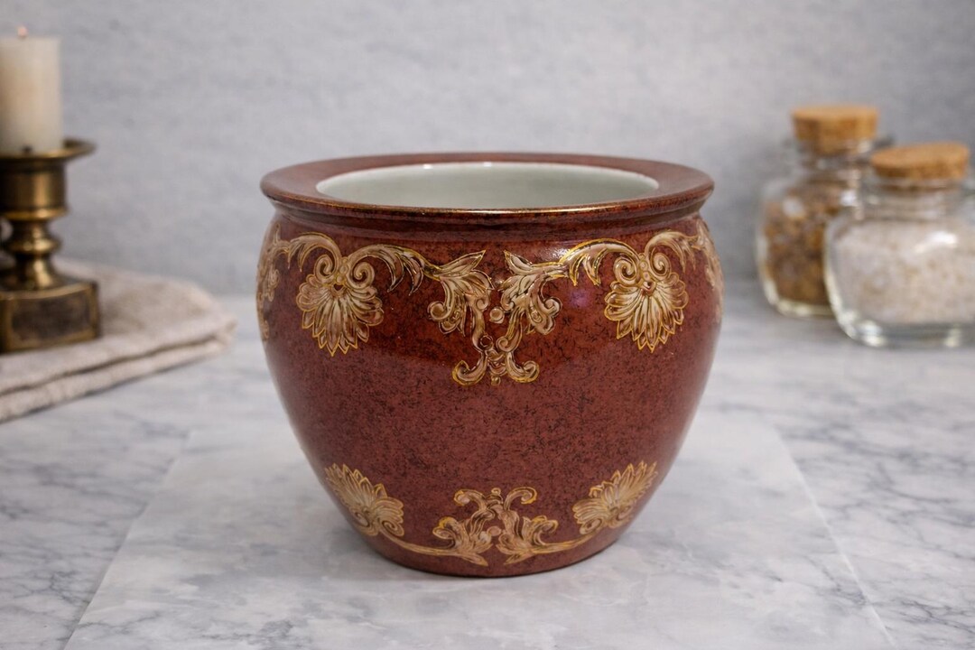 Vintage Chinese Oxblood Planter Cachepot Gold Floral Jardiniere Decor ...