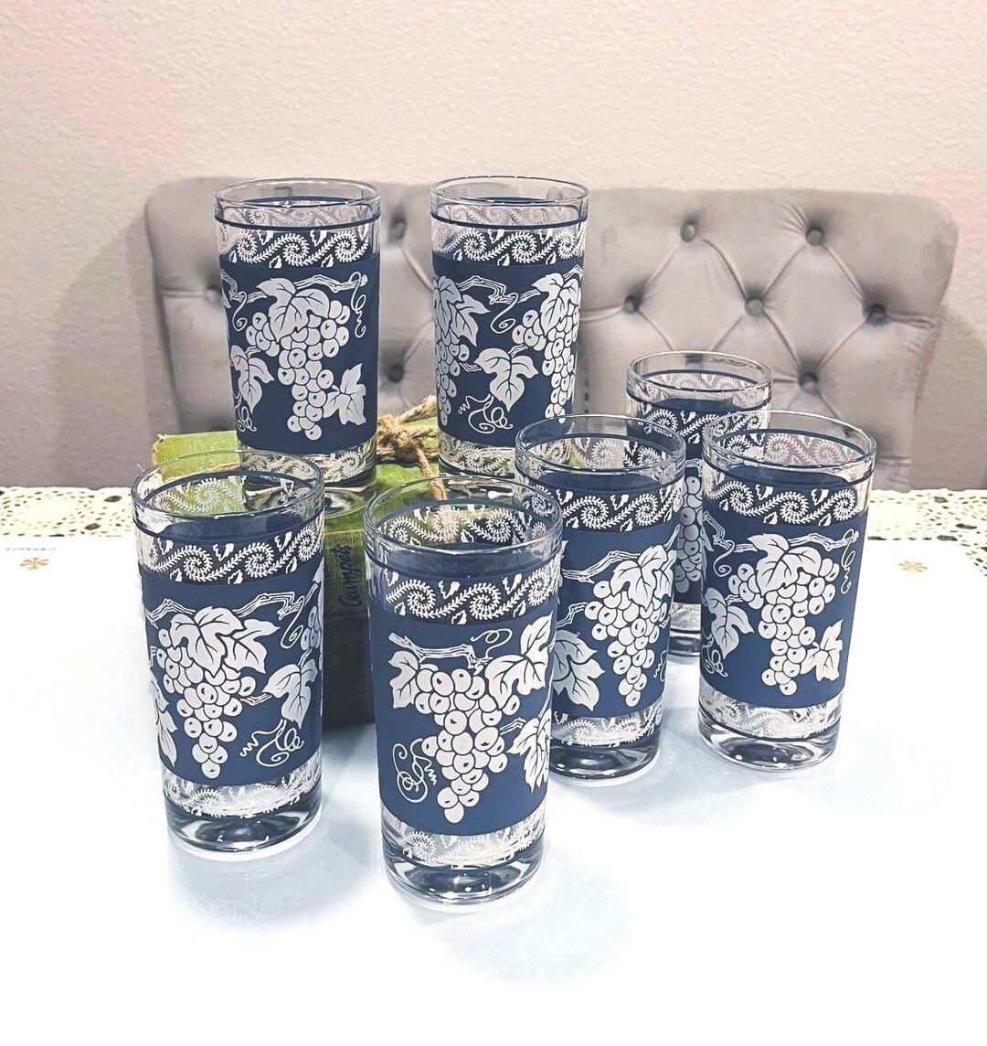 Vintage Hazel Atlas Highball Glasses - Wedgwood Blue Grape & Ivy Design ...