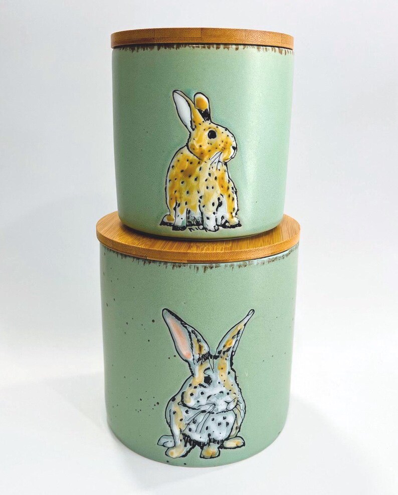 Set of 2 Easter Bunny Ceramic Canisters by Spectrum – With Wooden Lids ...