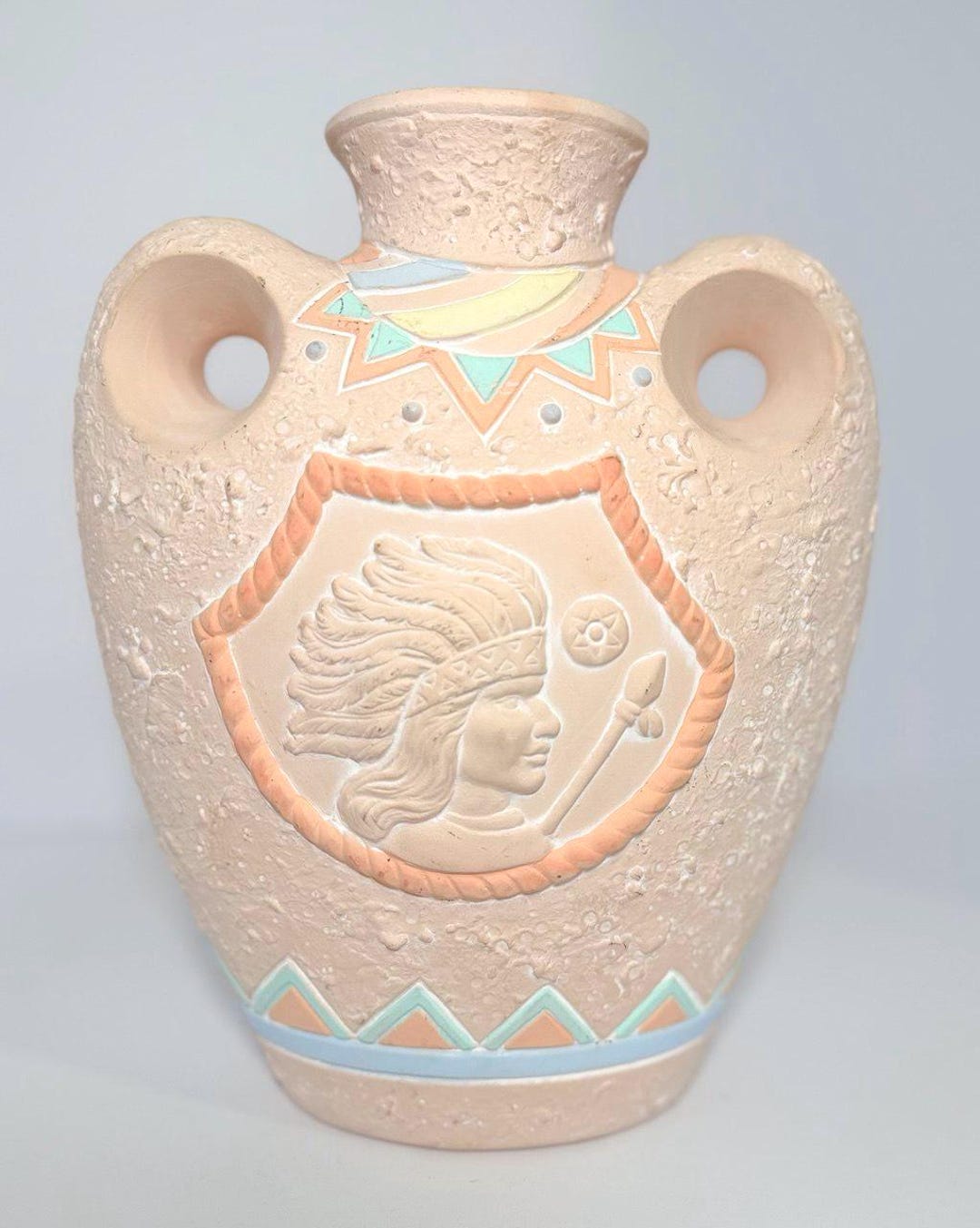 Vintage 1970s Native American Chief Pottery Vase – Unglazed Clay Art (9 ...