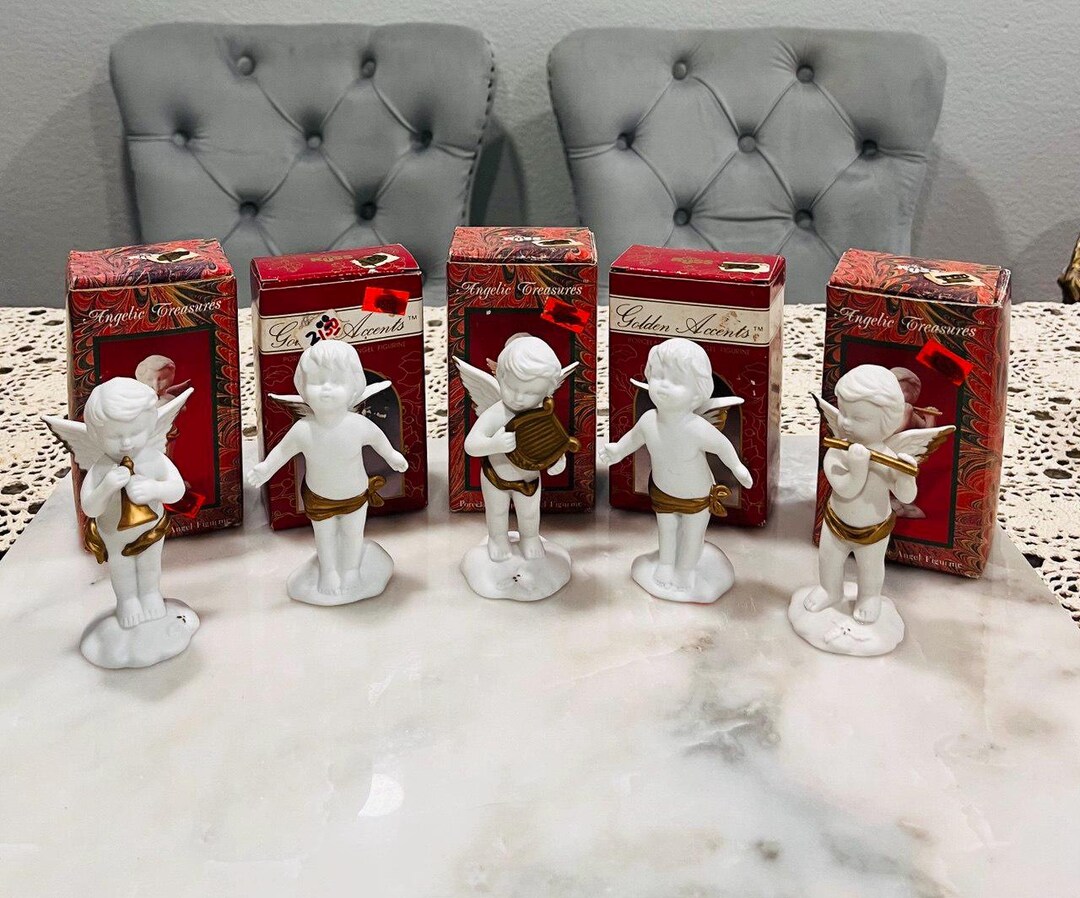 Set of Five Vintage Russ Porcelain Angel Figurines – White & Gold – 4 ...