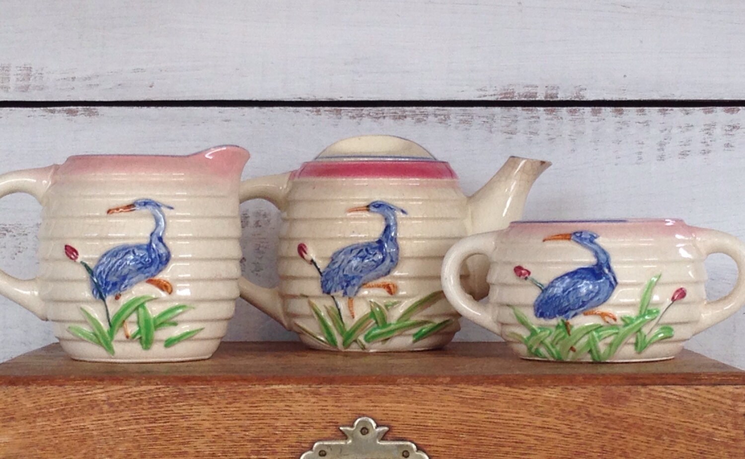 Vintage 1930's Made in Japan Blue Crane Small Ceramic Tea Set - Etsy