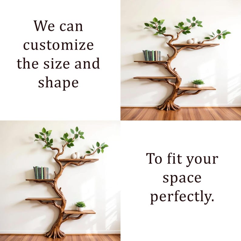 Driftwood Bookshelf Tree Branch Floating Shelf Solid Wood Bookcase Live ...