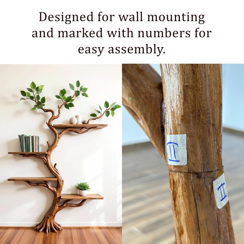Driftwood Bookshelf Tree Branch Floating Shelf Solid Wood Bookcase Live ...