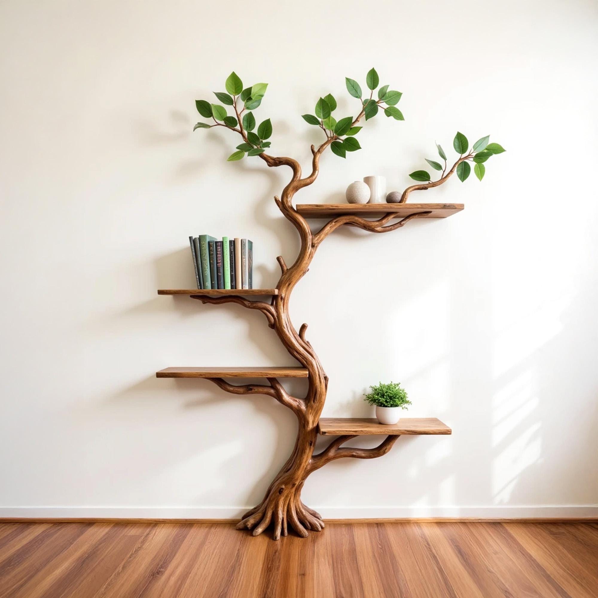 Driftwood Bookshelf Tree Branch Floating Shelf Solid Wood Bookcase Live ...