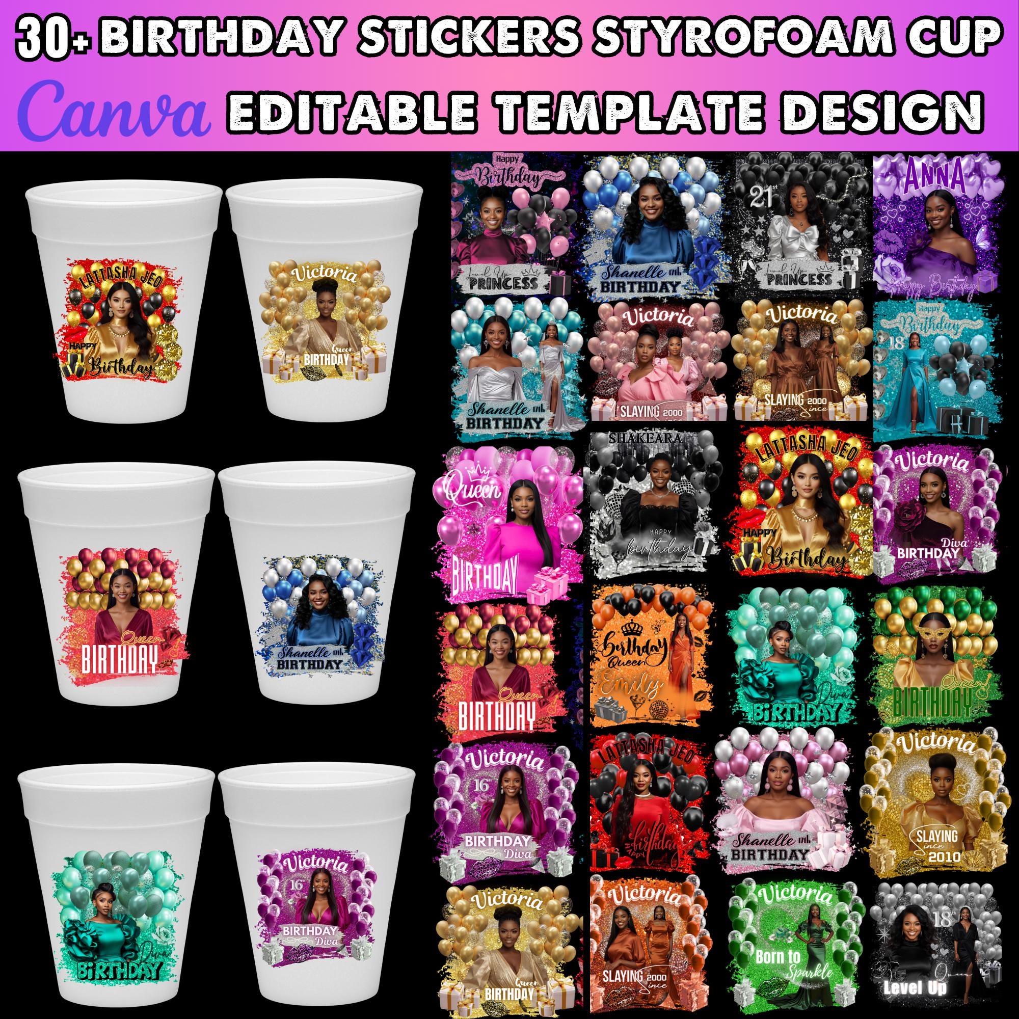Birthday Party Cup Sticker Template, Editable Canva Design (digital) - Etsy