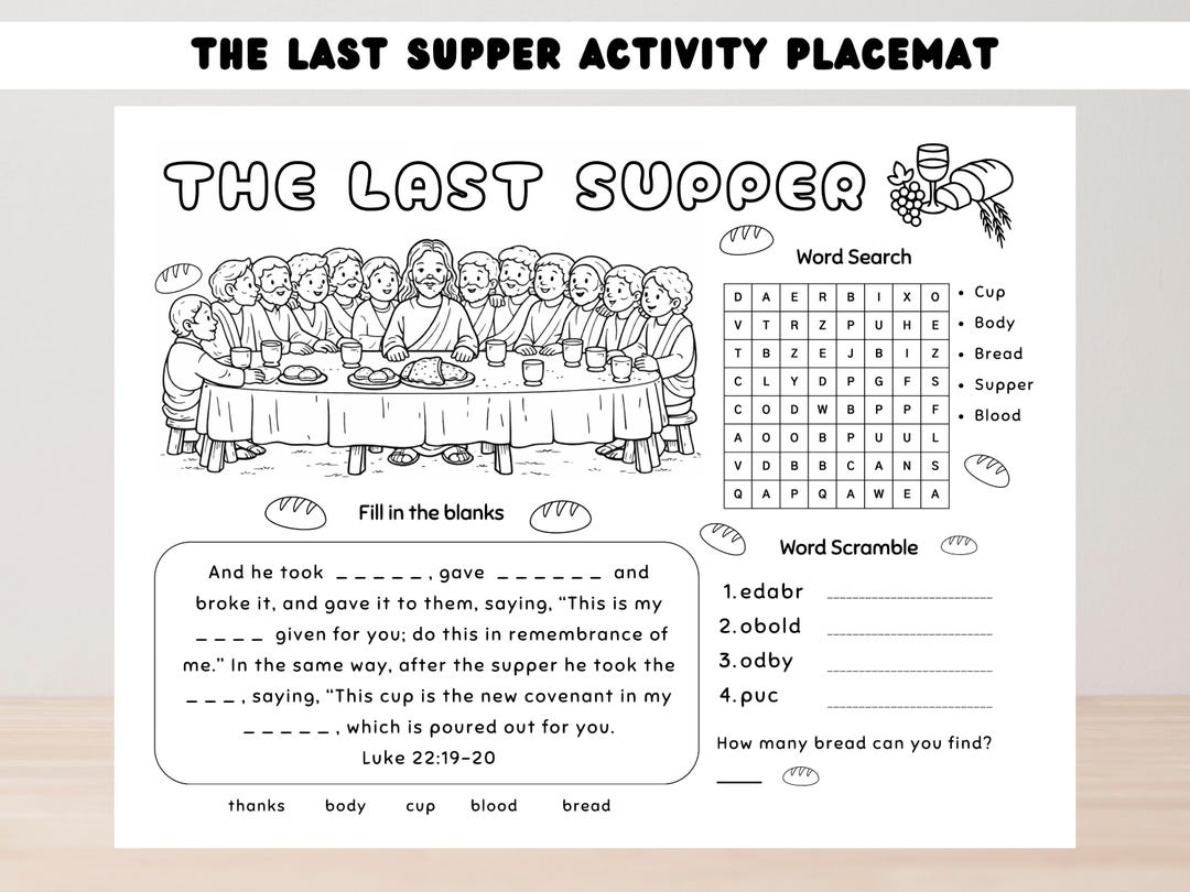 Last Supper Kids Bible Activity Placemat, Christian Holy Week Coloring ...