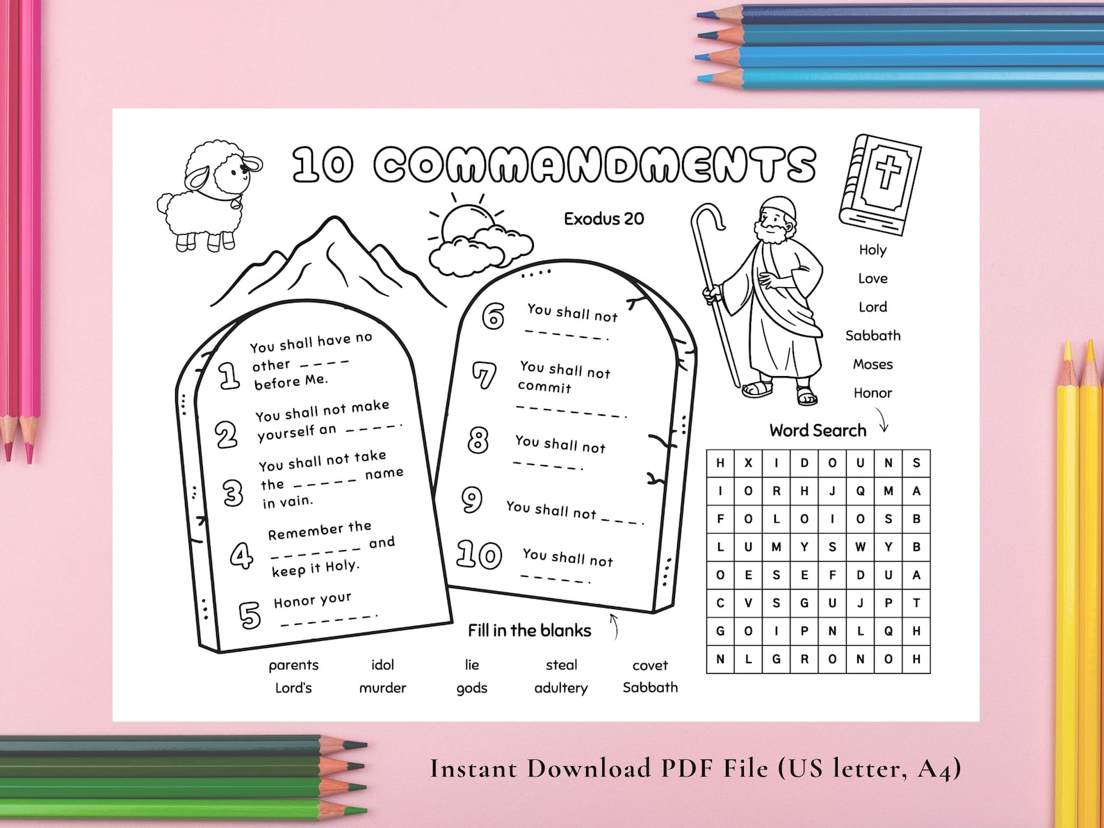 10 Commandments Activity Placemat for Kids, Printable Bible Craft ...