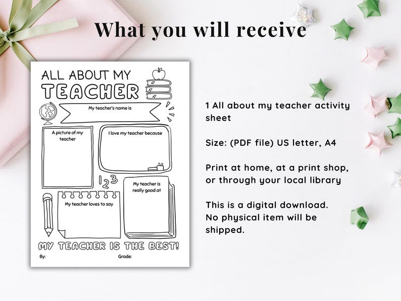 All About My Teacher Printable, Teacher Appreciation Worksheet, Kids ...