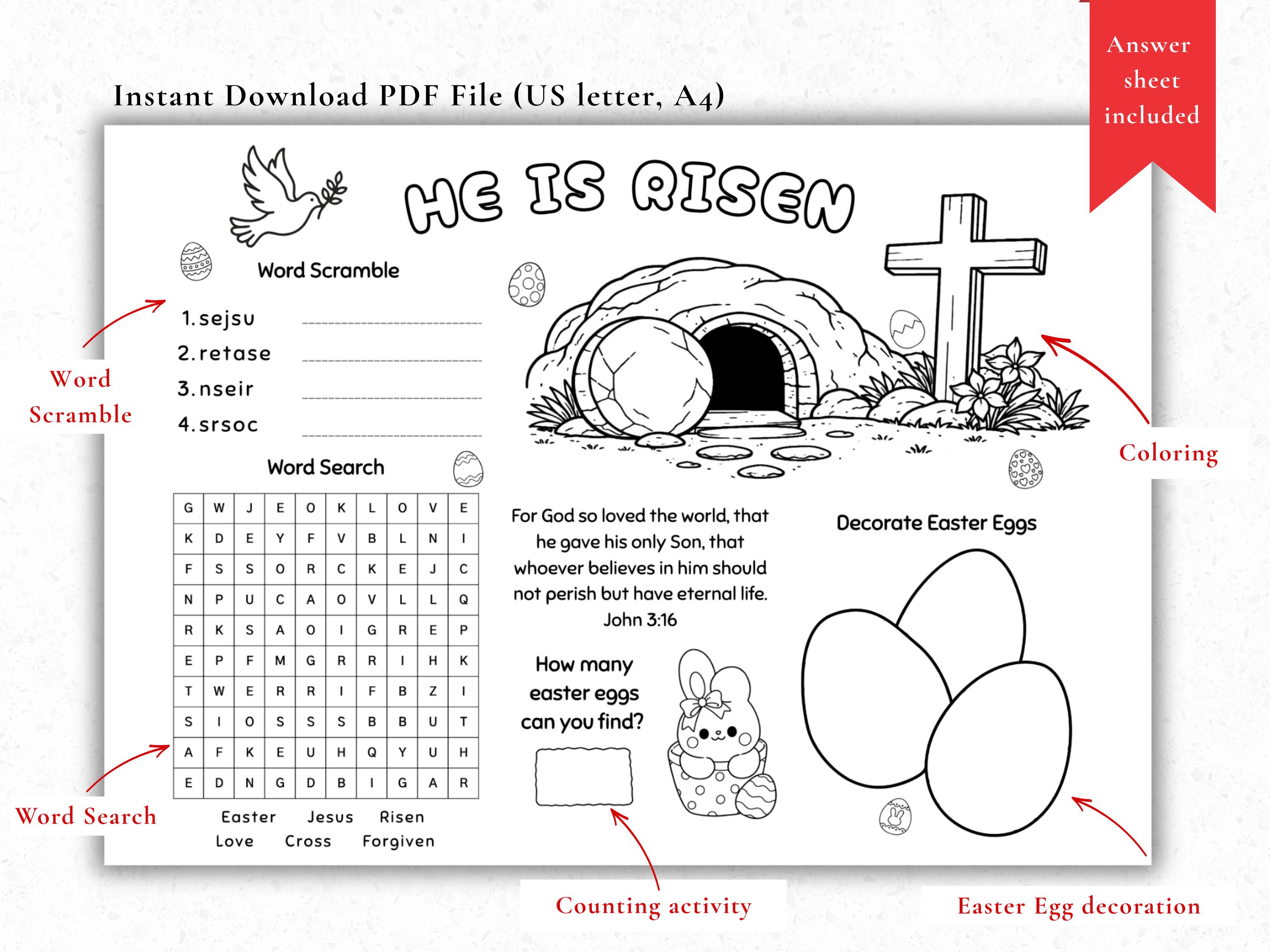 Christian Easter Kids Placemat Printable, He is Risen Sunday School ...