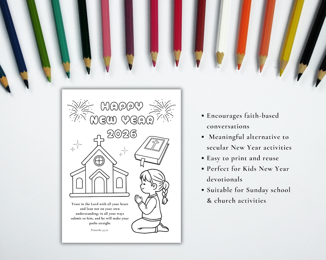 Christian New Year Kids Coloring Activity 2026, Sunday School Bible ...