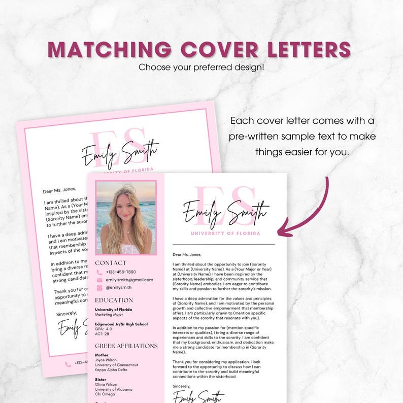 Editable Pink Sorority Resume Template, Canva Design With Photo ...