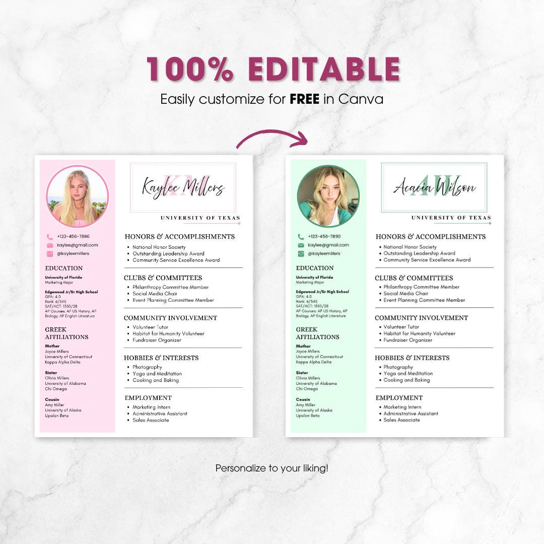 Editable Cute Pink Sorority Resume Template, Canva Design With Photo ...