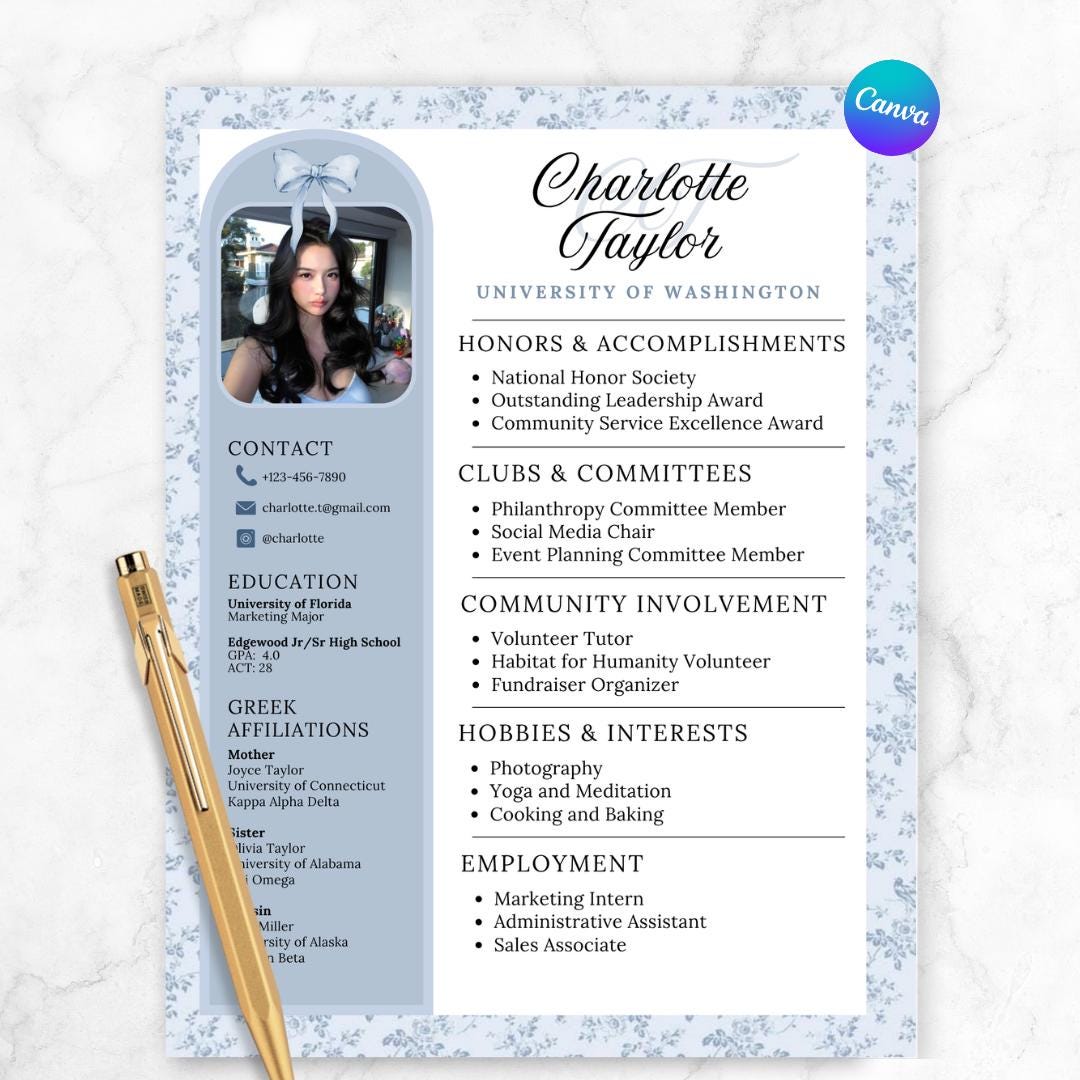Editable Sorority Resume Template Canva, Rush Resume Template With ...