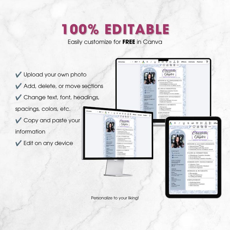 Editable Sorority Resume Template Canva, Rush Resume Template With ...