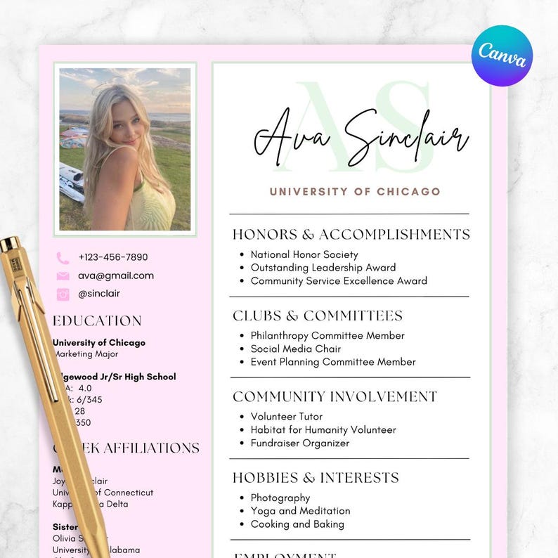 Editable Cute Pink Green Sorority Resume Template, Canva Design With ...