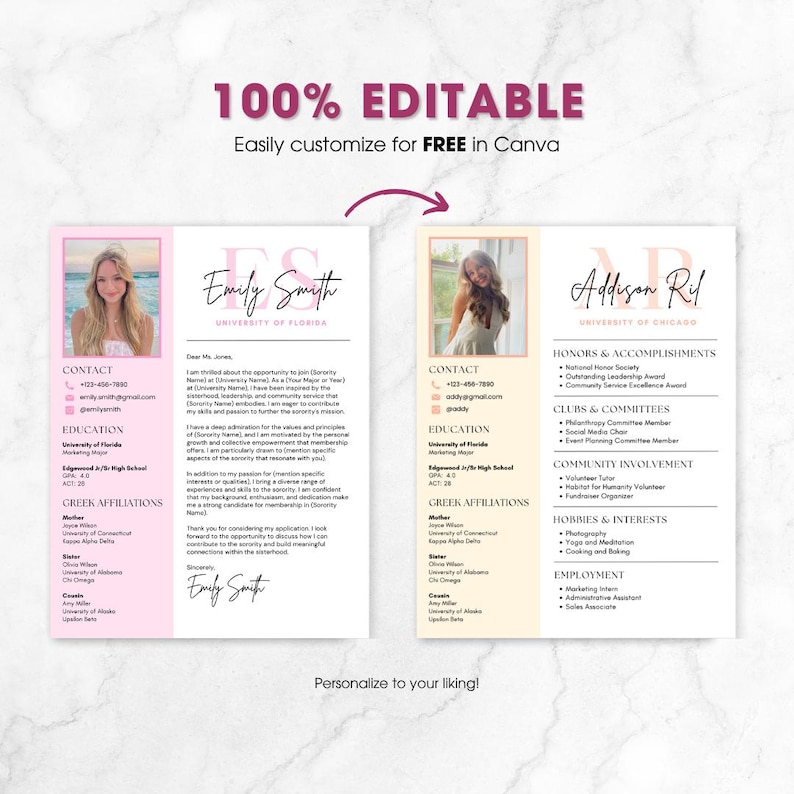 Editable Pink Sorority Resume Template, Canva Design With Photo ...