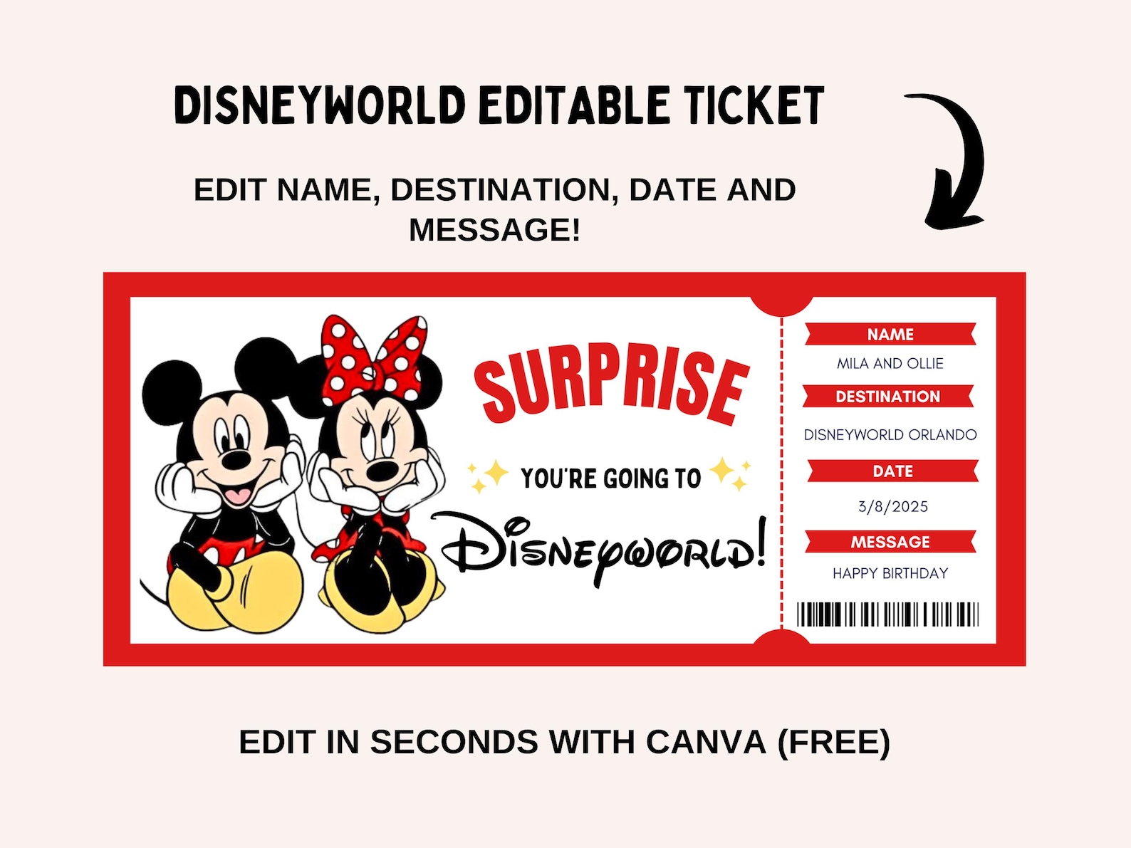 Surprise Disneyland Ticket | Disneyworld Ticket | Editable Ticket ...