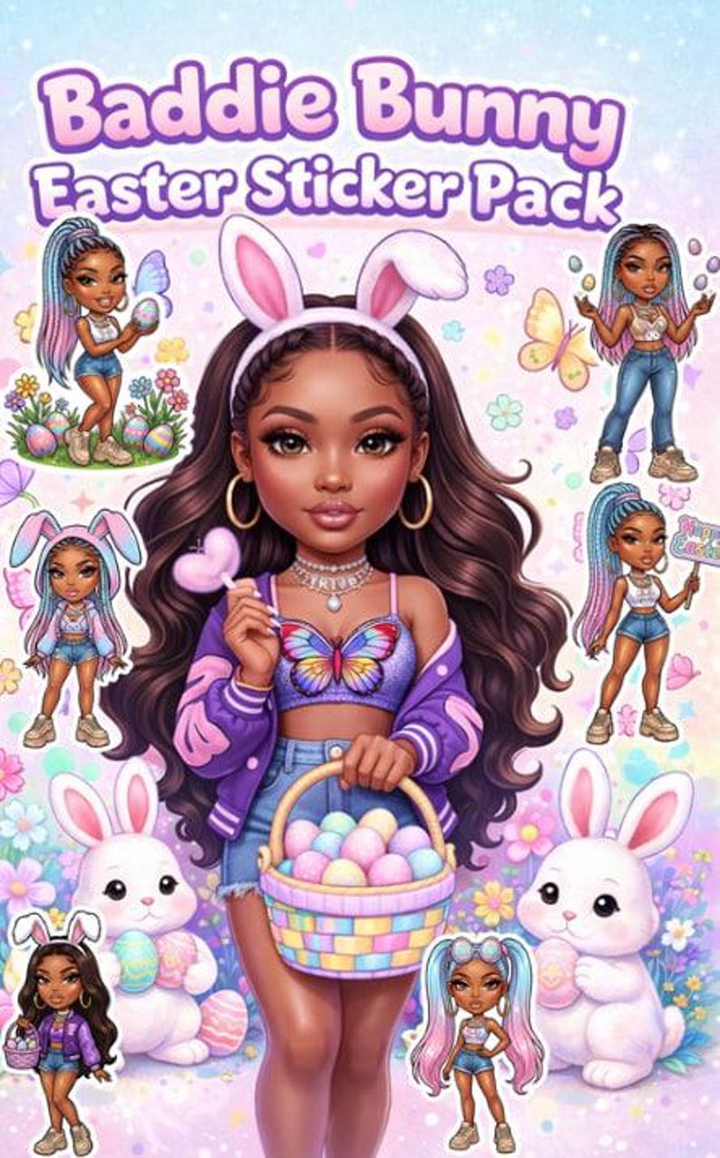 Melanin Easter Bunny Clipart | Kawaii Baddie Girl PNG Bundle (digital ...