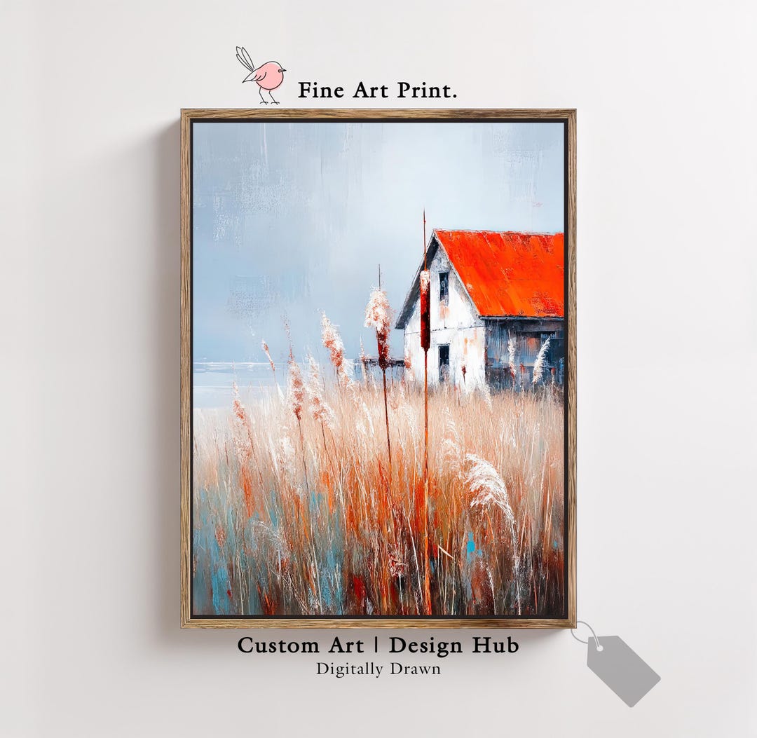 Red Roof Farmhouse Wall Art Print, Rustic Country House Painting, Field ...