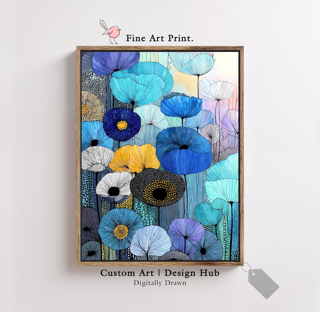 Blue and Yellow Abstract Floral Wall Art Print, Modern Botanical Poster ...