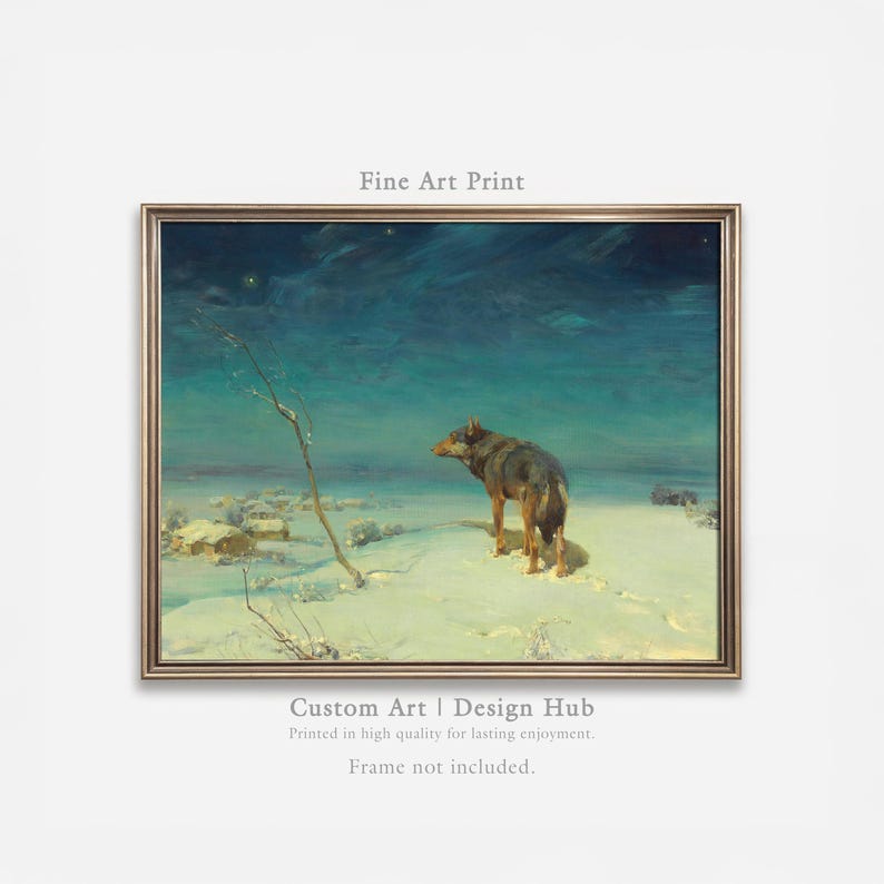 Lone Wolf Winter Landscape Print, Starry Night Wildlife Painting ...
