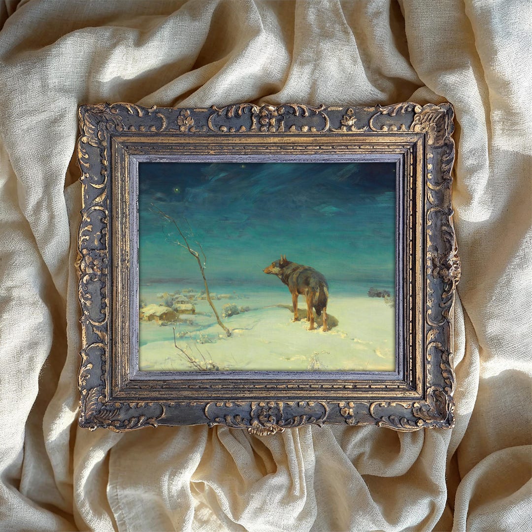 Lone Wolf in Winter Landscape Painting Print, Night Snow Fine Art Wall ...
