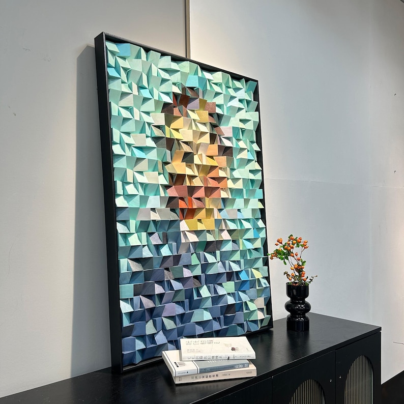 Handmade Van Gogh Wood Mosaic Wall Art, Geometric Gradient Blue Yellow ...