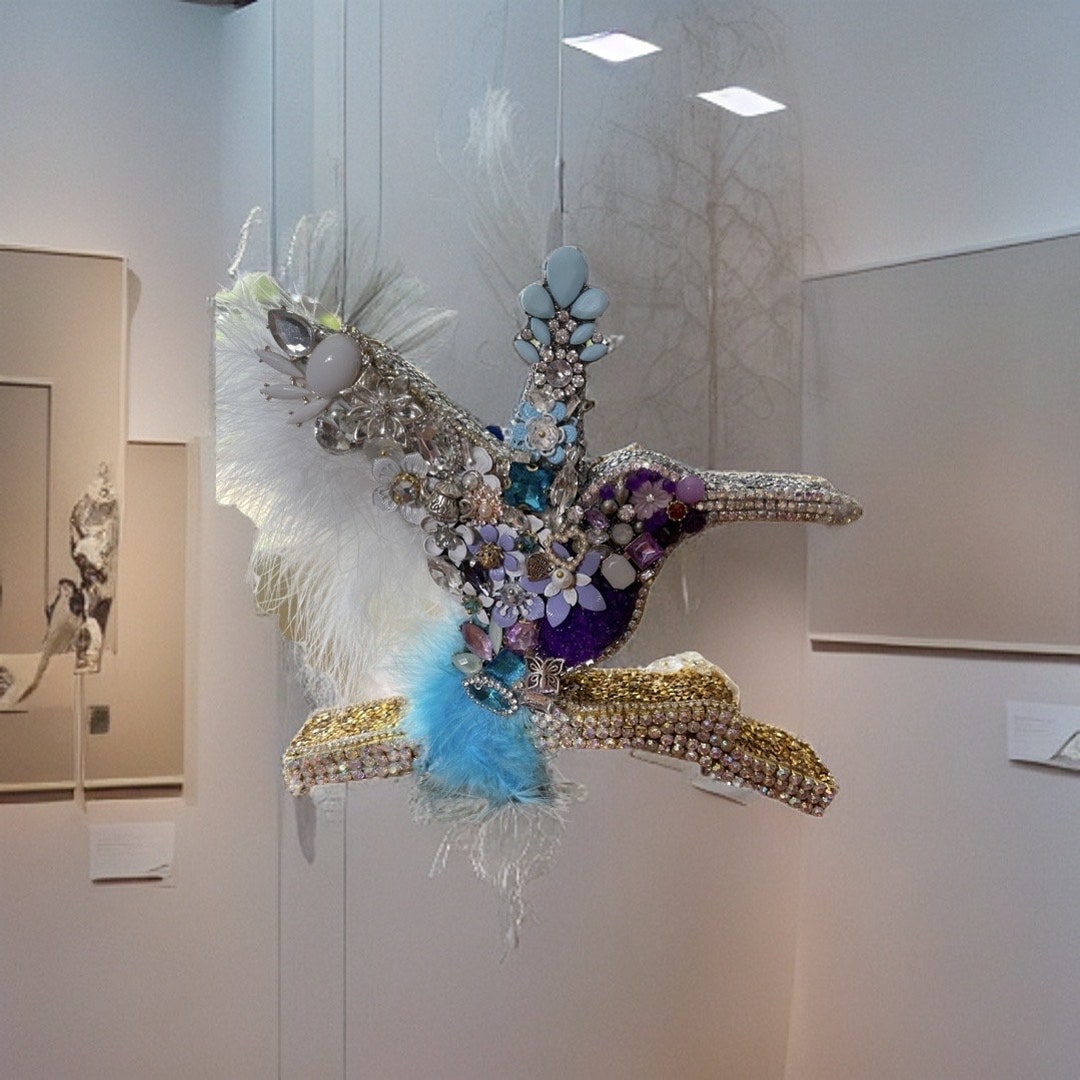 JEWELED HUMMINGBIRD STATUE, Upcycled Vintage Jewelry, Handmade Metal ...