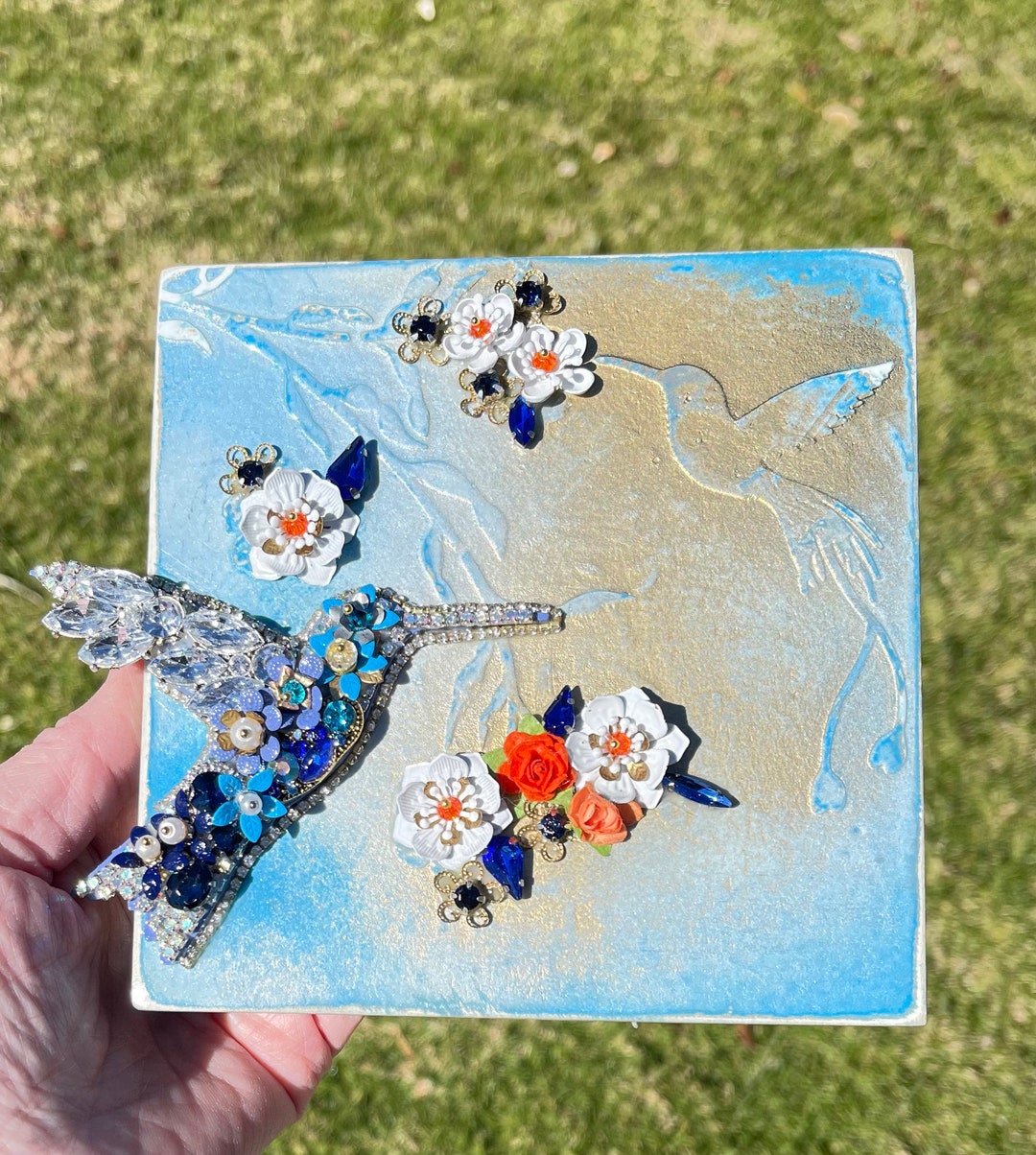 Hummingbird Art, JEWELED HUMMINGBIRD, hi-chew, Mixed Media, Jewelry Art ...