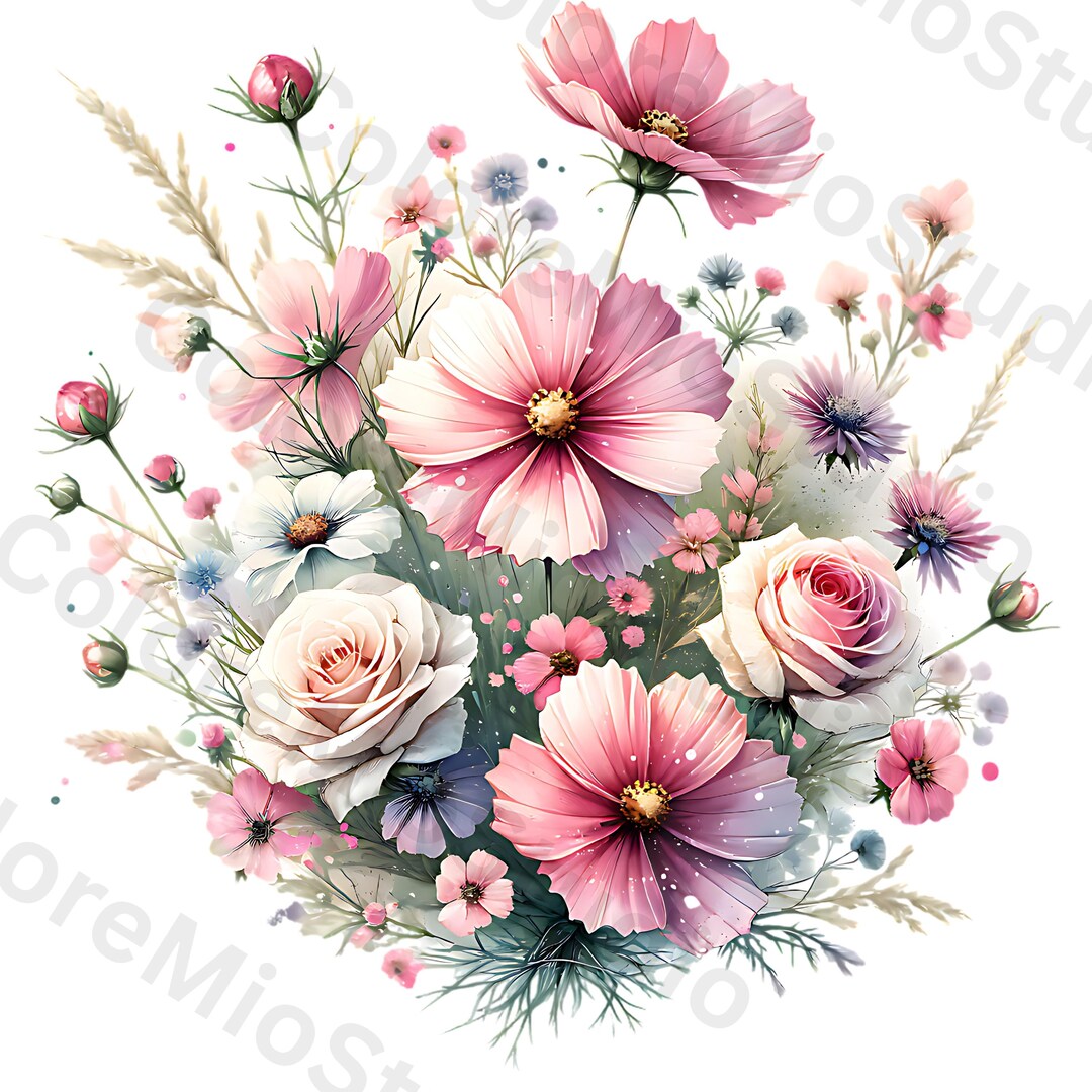 Floral Clipart Bundle, 12 Watercolor Flower Bouquets, PNG Files, Spring ...